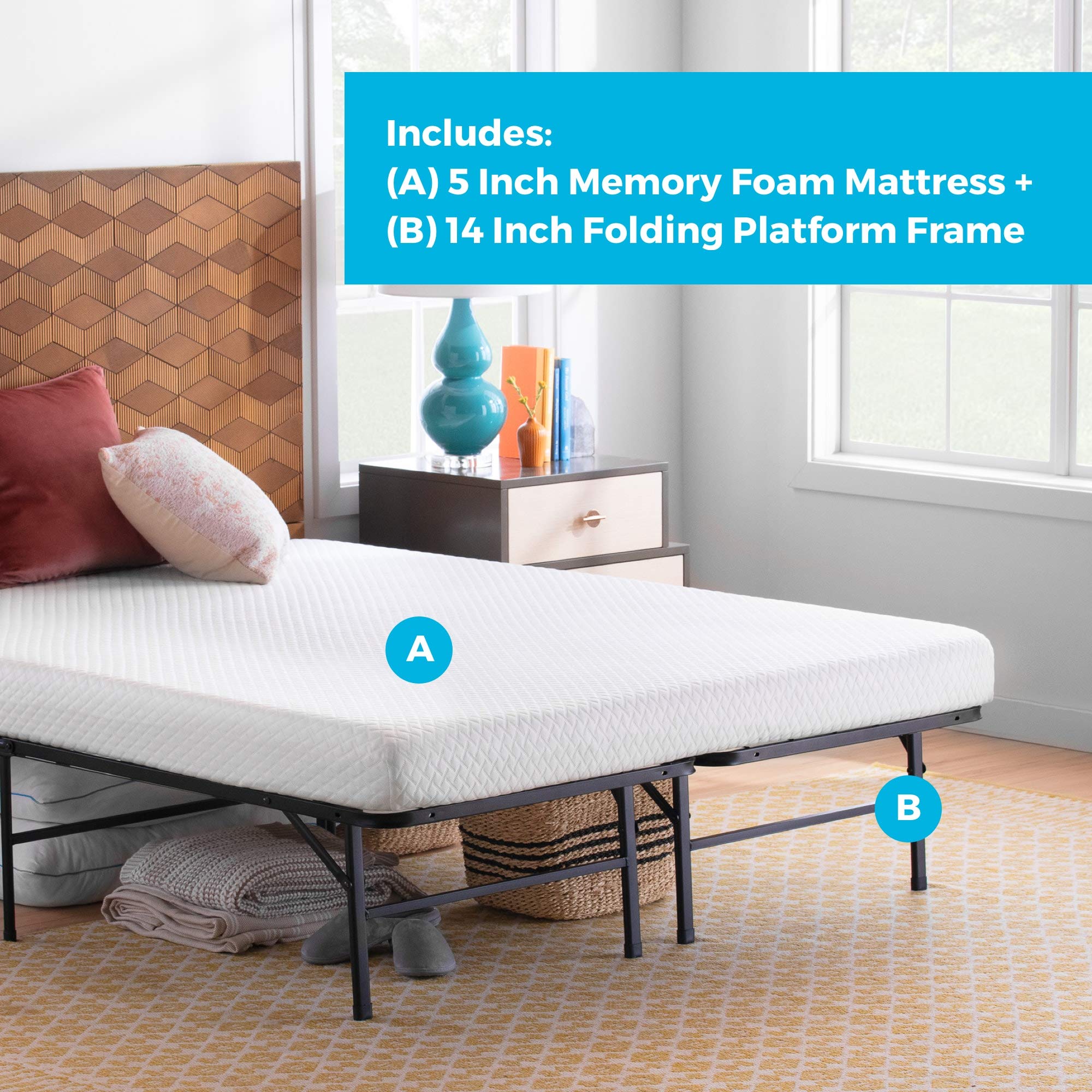 Linenspa 5 Inch Gel Memory Foam Mattress with Linenspa 14 Inch Folding Platform Bed Frame - Full