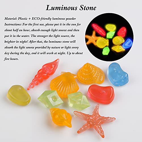 Livfodrm Aquarium Decorations Fish Tank Decor Glowing Coral Ornaments, 1pc Purple Silicone Flower Plants and 10pcs Sea Shells/Stone Glow in The Dark Large Fish Tank Accessories