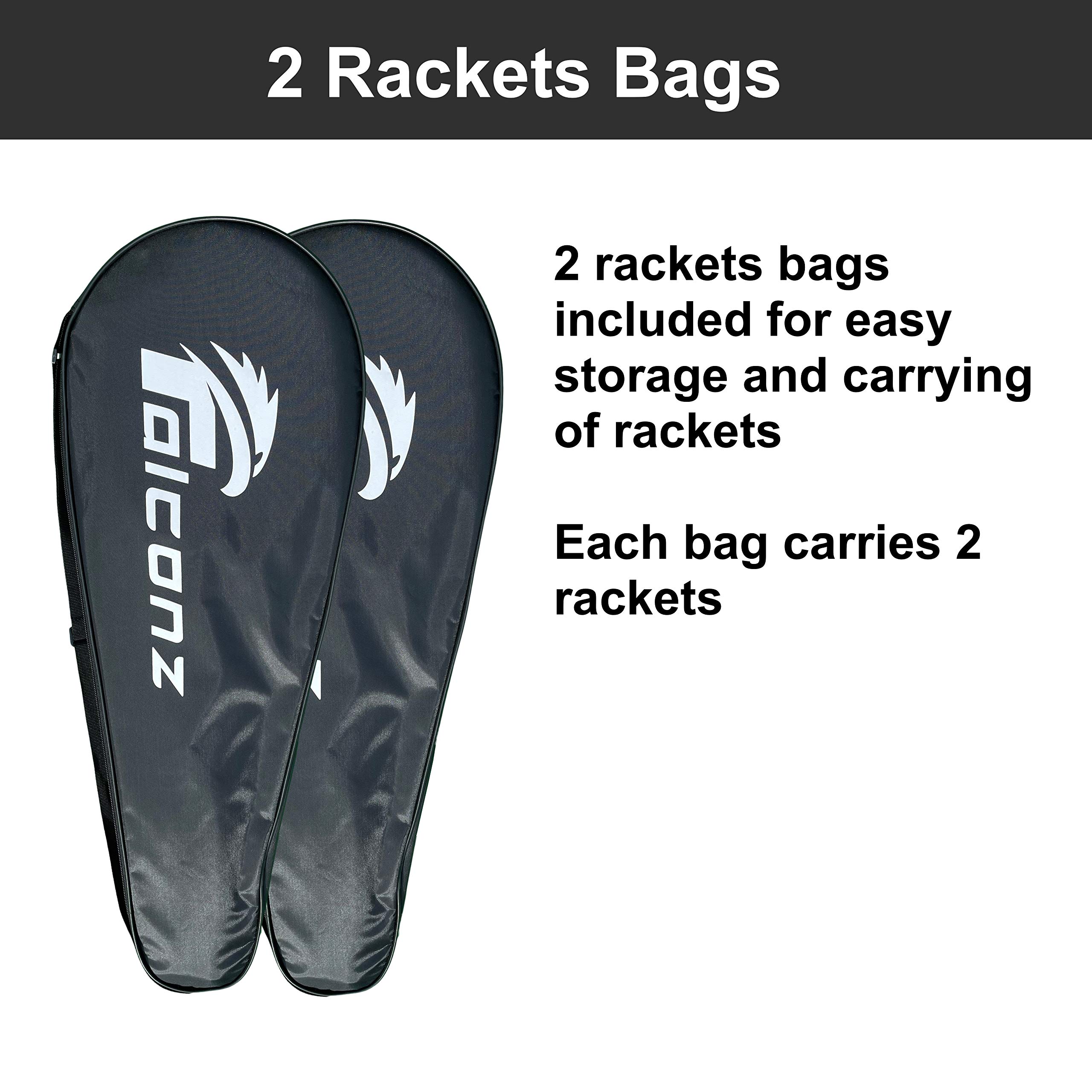 Falconz Badminton Set - 4 Graphite-Glass Fiber Rackets (80g-84g), 12 Goose Feather Shuttlecocks and 2 Racket Bags