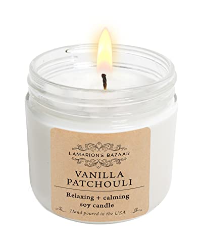 Vanilla Patchouli - Relaxing and Calming Vanilla Patchouli Scented Candle - Large Soy Candle - Glass Jar Candle in a Box