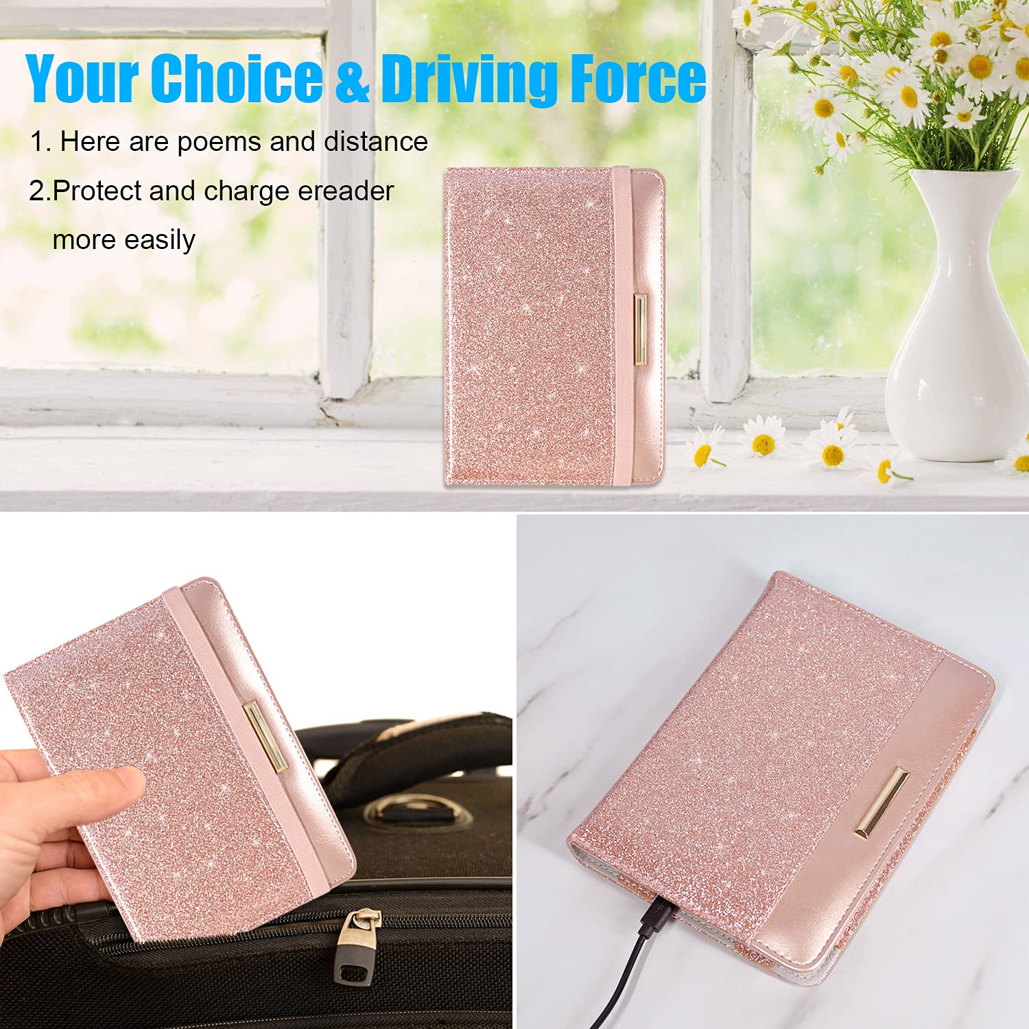 DMLuna Case for Kindle Paperwhite Cover, Fits All-New 10th Generation 2018 / All Paperwhite Generations, Smart Protective PU Leather Case, with Auto Sleep Wake, Hand Strap, Card Slots - Glitter Rose