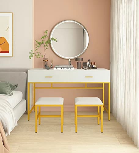 Vanity Bench Vanity Stool Chair for Bathroom Makeup Vanity Chair for Vanity Makeup Room Small Tall Gold White-NO pre-drilled Holes in The Bottom