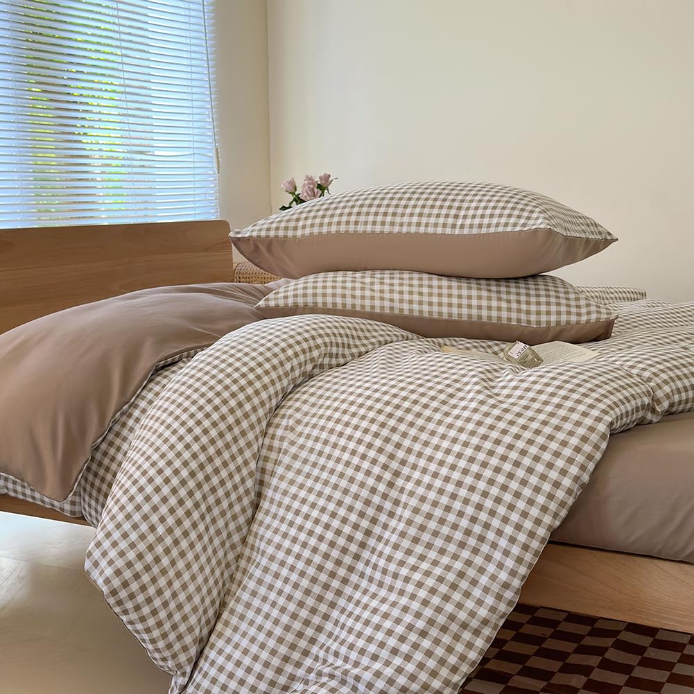 NSNLGSGC Queen Gingham Grid Duvet Cover Set Tan- Washed Microfiber Plaid Comforter Cover Set Brown Soft & Lightweight Breathable Clean Bedding Set(3PCS, Queen)