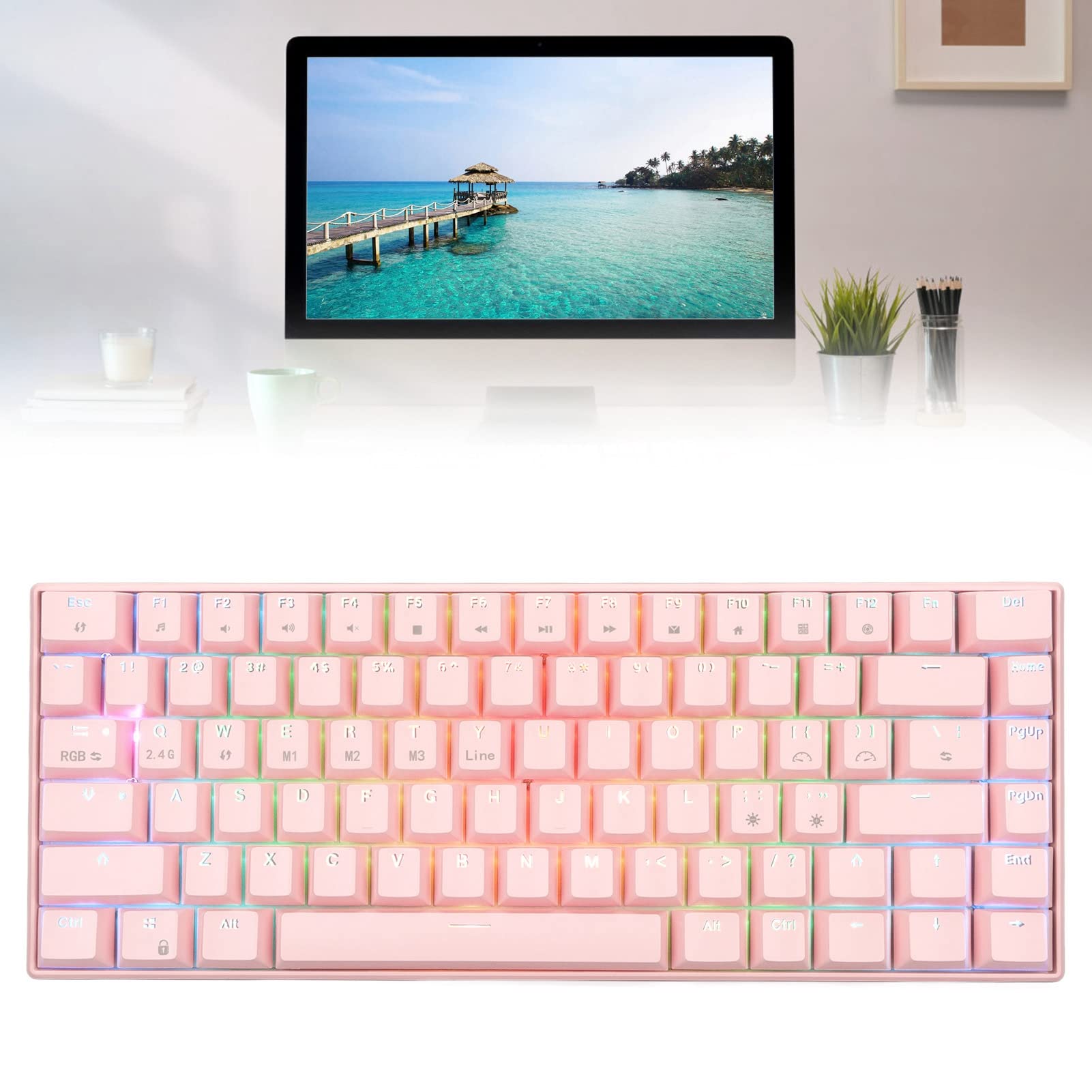 Mechanical Keyboard 82 Key, 3 Connection Modes RGB Backlight Keyboard, Ergonomic Pink Gaming Keyboard for Office, Supports 2.4G Wireless, Bt 3.5/5.0 and Type C Wired Connection (Linear Action Switch)