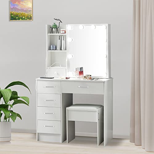 Vanity Desk, Makeup Vanity with Mirror and 10 LED Lights, Makeup Dressing Table with 6 Drawers and Chair, Vanity Table with 3 Lighting Modes for Bedroom