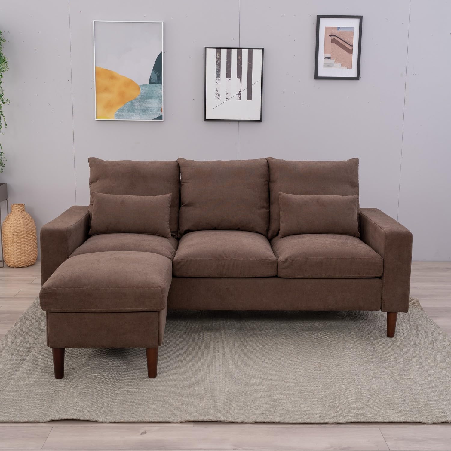 Panana Sectional Sofa Modern Deep 3-Seat Sofa Couch with Ottoman, Upholstered Furniture for Living Room, Apartment, Studio, Office (Black Artificial Leather, Track Arms)