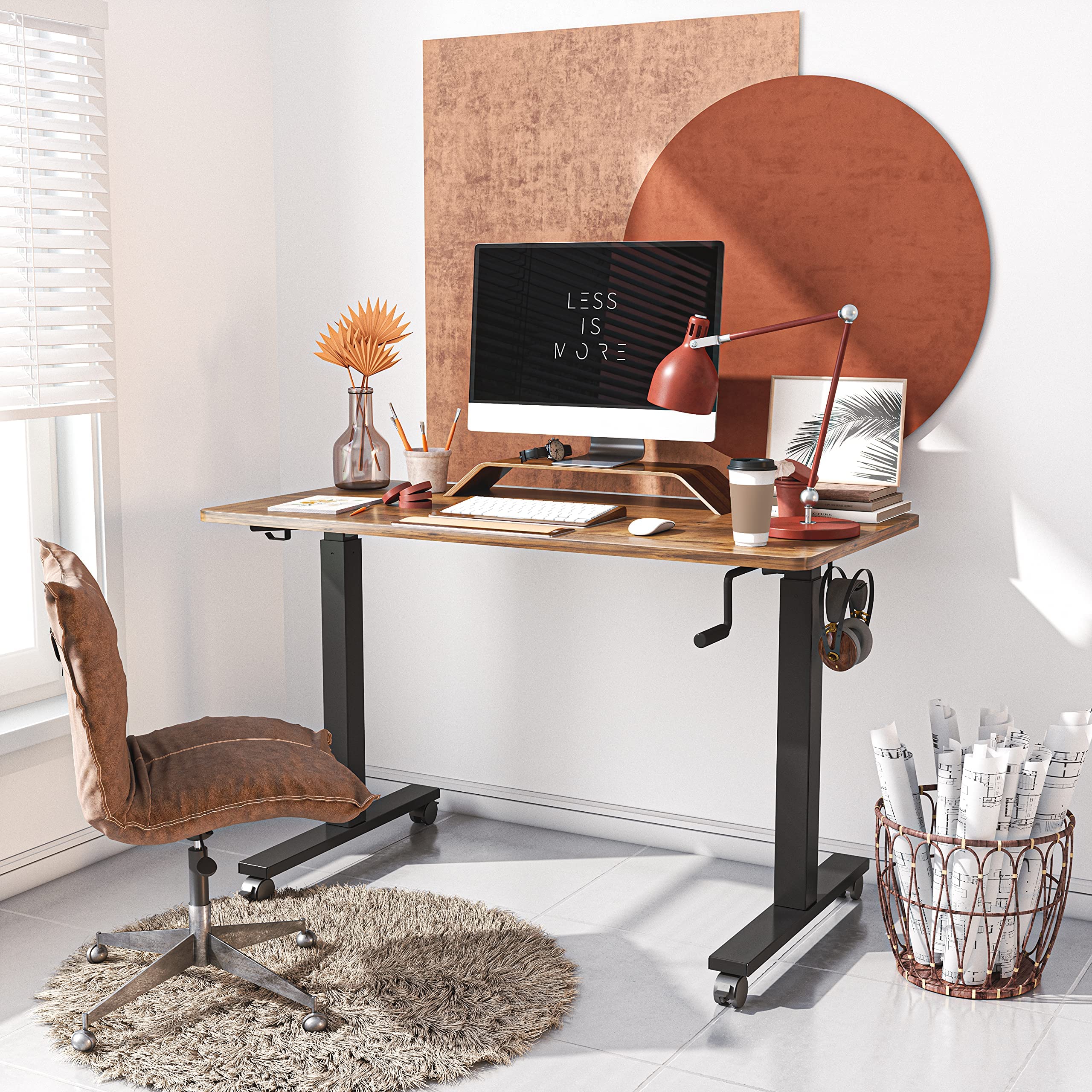 FAMISKY Crank Adjustable Height Standing Desk, 40 x 24 Inches Manual Stand up Desk, Sit Stand Workstation for Home Office with Handle and Splice Board, Black Frame/Walnut Top