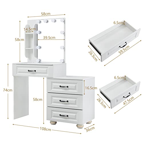 Vanity Set Dressing Table with Makeup Mirror & 10 Light Bulbs, White Vanity Table with Drawers & Cushioned Stool for Bedroom Modern (H1951)