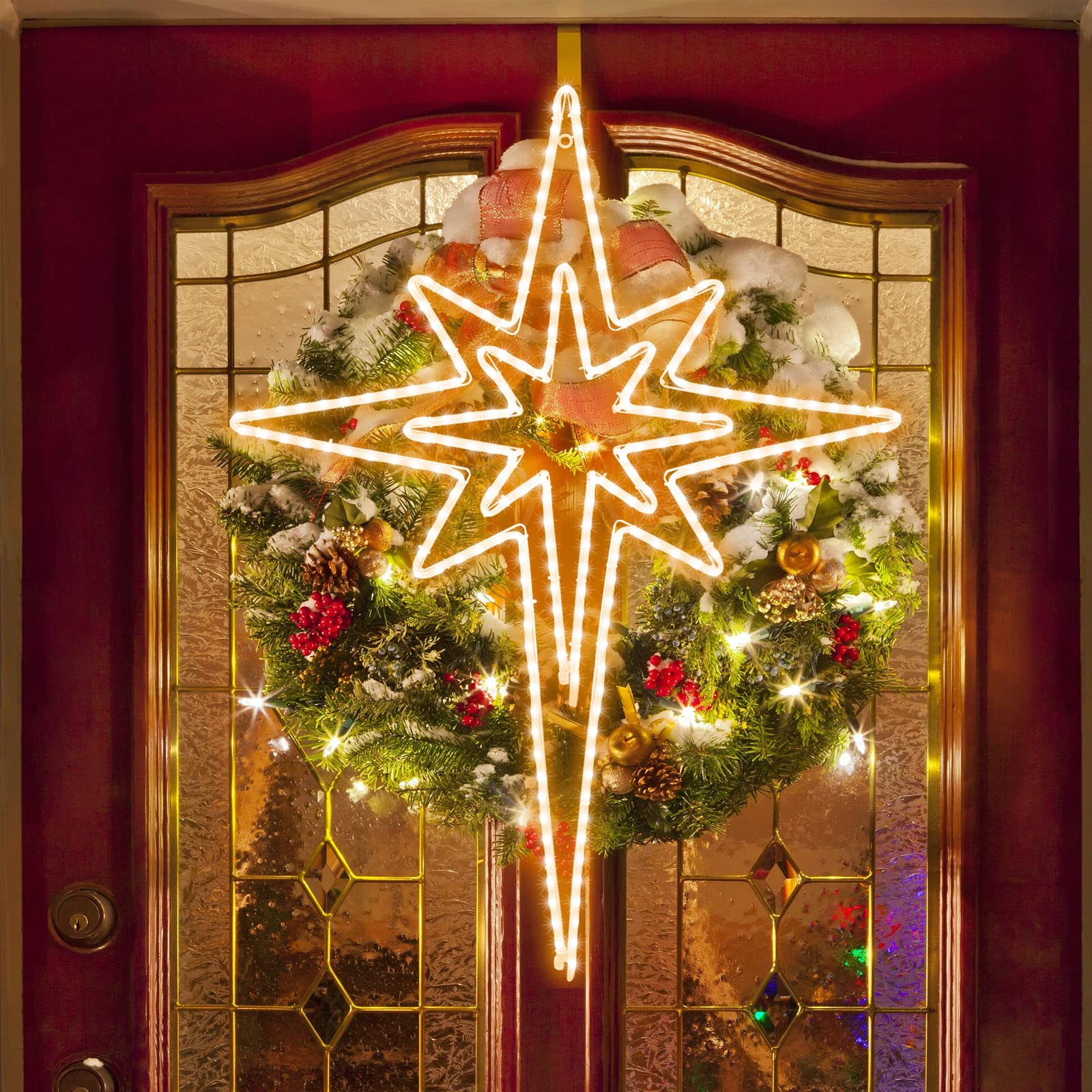 GLOWNOVA Large 43"x32" Twinkle Bethlehem Star Neon Motif Pre-lit 216 Super-Bright LED Outdoor Christmas Decoration with 11 Functions and Timer Waterproof for Outdoor Home Party Wall(Warm White)