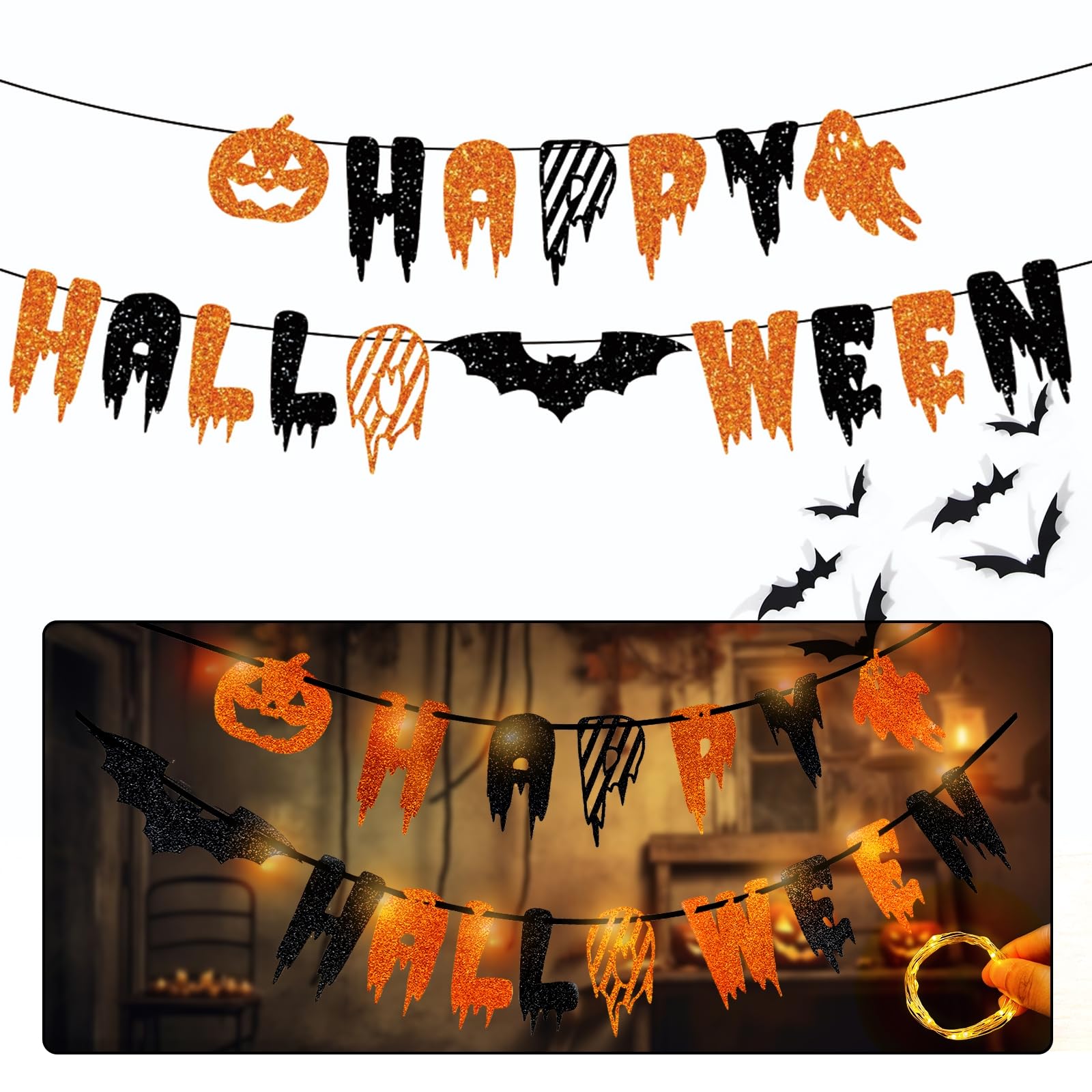 GIZIUXNE Happy Halloween Banner Set with LED Light Strip and 3D Bats Wall Decor for Halloween Party Decorations Indoor or Outdoor