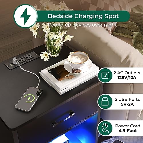 SUPERJARE L Shaped Gaming Desk with LED Lights & Power Outlets Reversible Computer Desk and Nightstands Set of 2 with Charging Station & LED Light Strips, Black