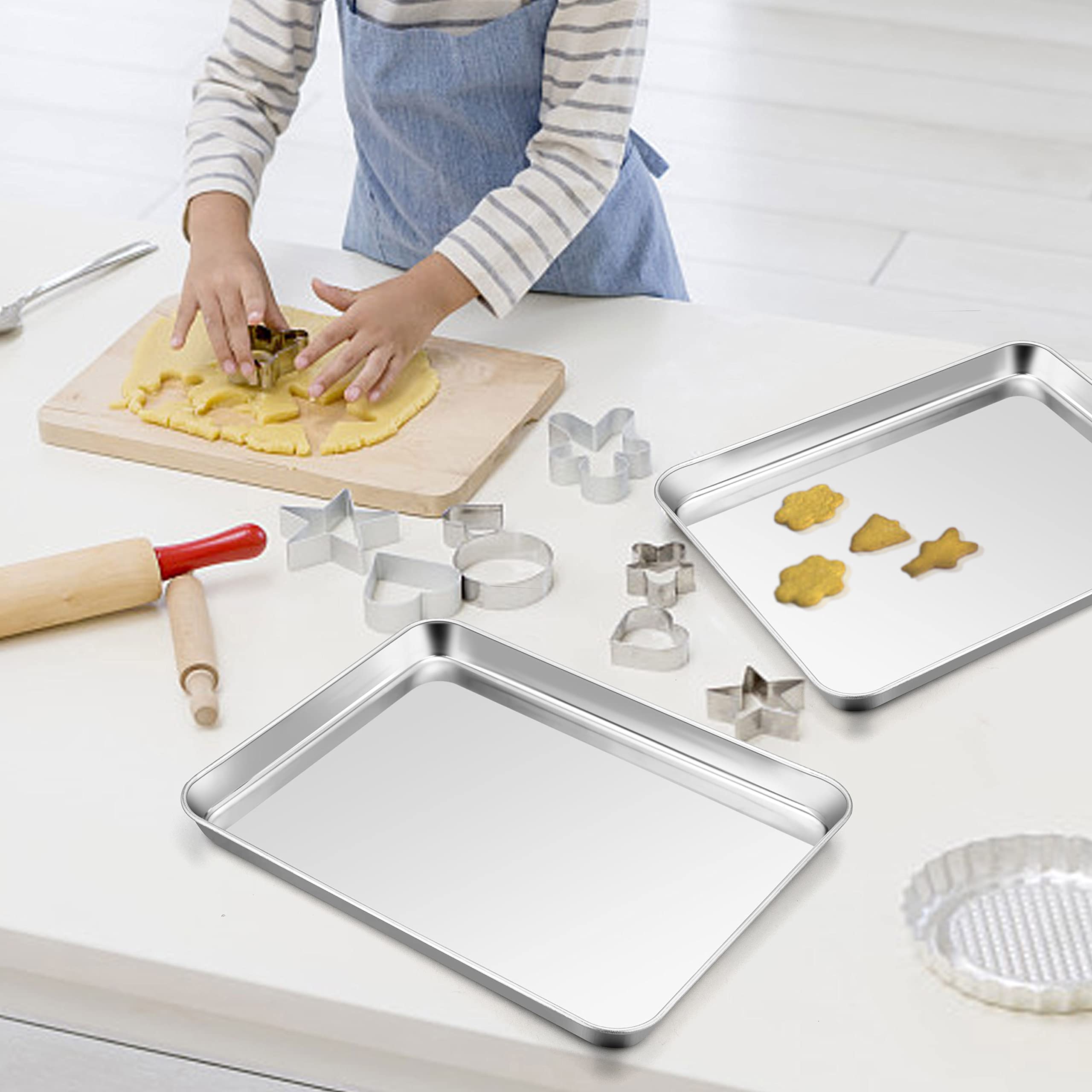 Homikit Baking Pan Cookie Sheet Set of 2, 16 x 12 Stainless Steel Rimmed Half Sheet, Metal Flat Cooking Tray Pans for Oven Baking Toasting, Rust free & Heavy Duty, Nonstick & Dishwasher Safe
