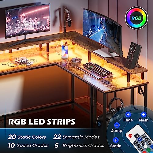 SUPERJARE L Shaped Computer Desk with Power Outlets & LED Lights, Gaming Desk with Monitor Stand & Storage Shelf, Home Office Desk Corner Desk with Hooks, Rustic Brown
