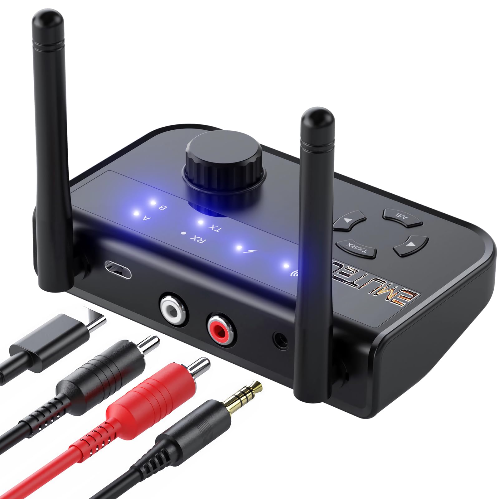 Emuteck Bluetooth Transmitter Receiver, Long Range 2-in-1 Bluetooth 5.3 Audio Adapter for TV PC to 2 Wireless Headphones with Adjustable Volume, 3.5mm AUX RCA for Home Stereo Speaker CD MP3 Player