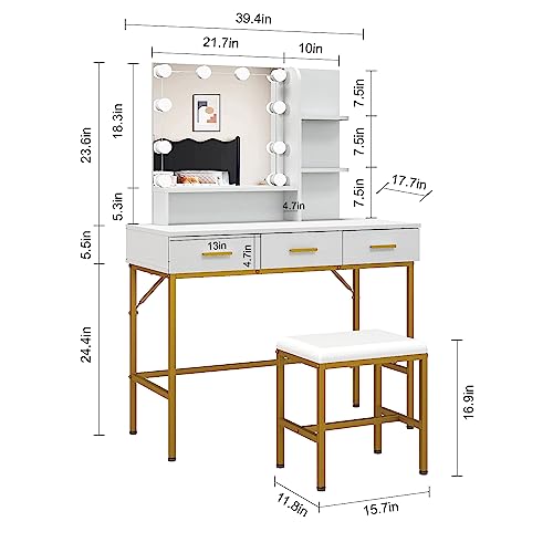 Vanity Table with Lighted Mirror, 3 Drawers Makeup Desk Dressing Table with Lots Storage Vanity Set with Wider Cushioned Stool for Bedroom (White)
