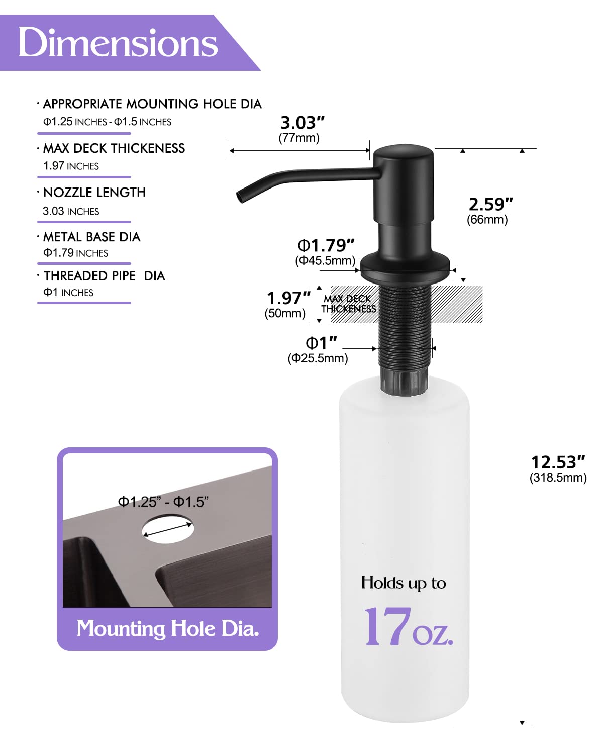 Hoanmpy Kitchen Sink Soap Dispenser,Built in,Stainless Steel(Black Matte), in Counter Soap Dispenser,Pump Set for Dish Soap or Lotion, 17 OZ,in Sink Soap Dispenser