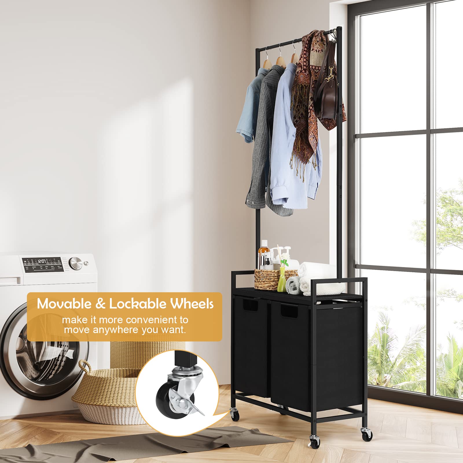 OYEAL Laundry Hamper with Lid Laundry Sorter Cart 2 Section Rolling Laundry Basket with Hanging Rack 6 Hooks for Laundry Room Bathroom Bedroom, Black