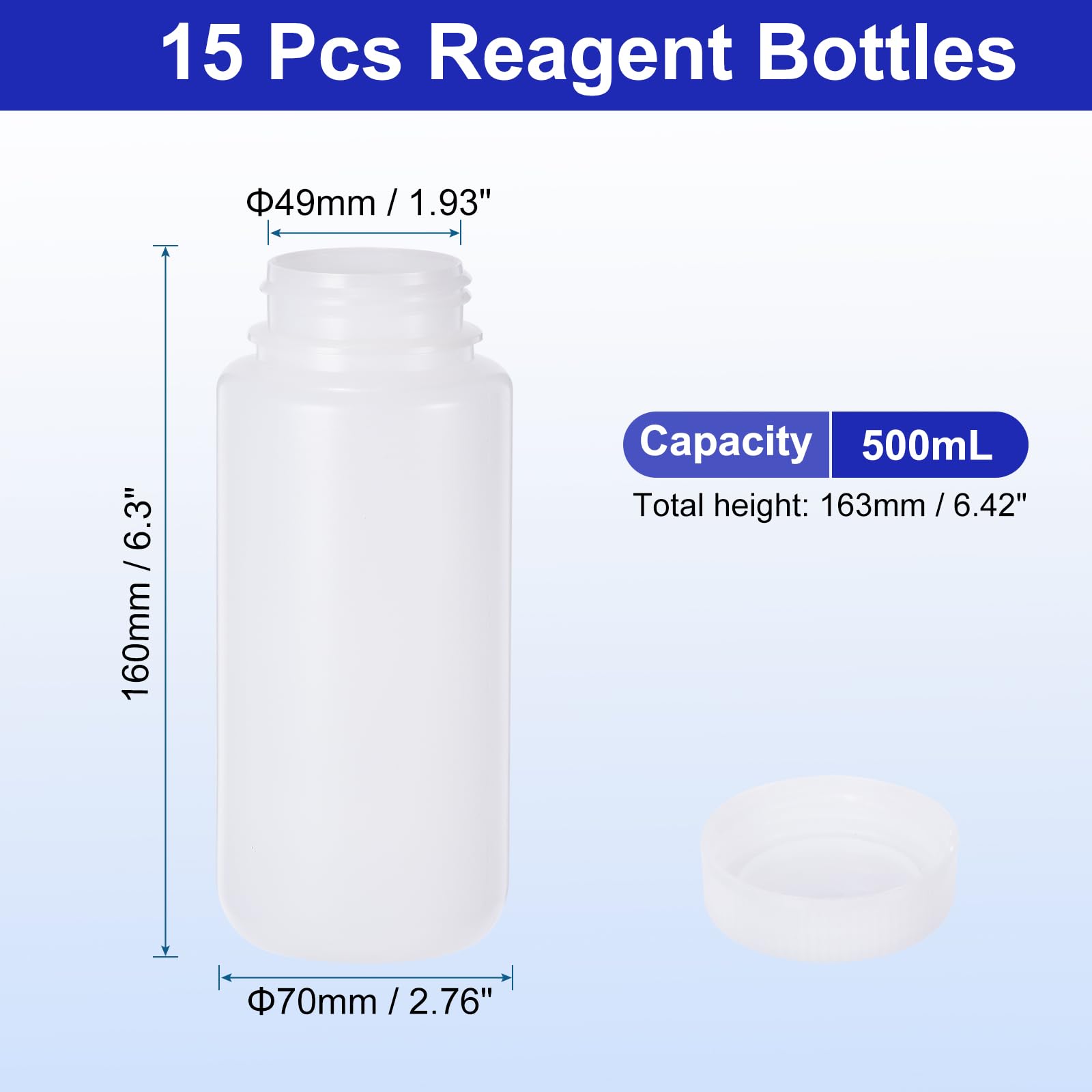 PATIKIL 15 Pcs 500ml Reagent Bottles, HDPE Wide Mouth Round Bottles with Screw Cap for Lab Water Reagent Liquids Solid Sample Storage Seal, Translucent White