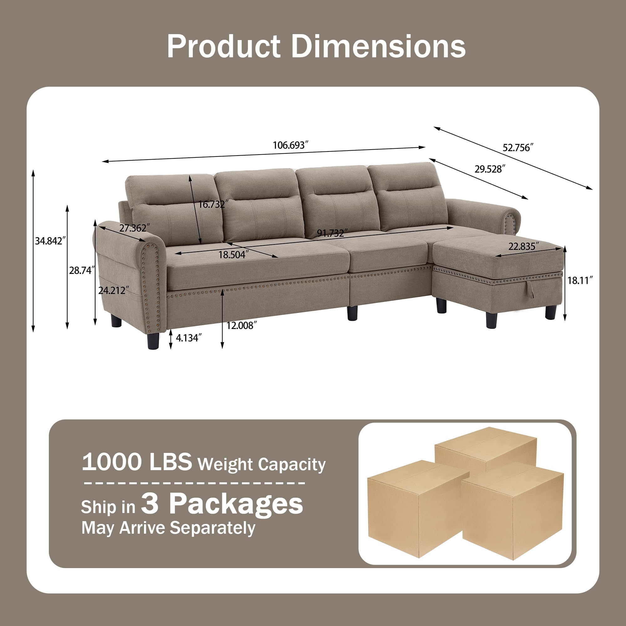 Jarenie 107" Convertible Sectional Sofa, 4-Seat L Shaped Couch with Storage Chaise Lounge and Side Pocket, Modern Linen Fabric Sectional Couches for Living Room(Light Grey)