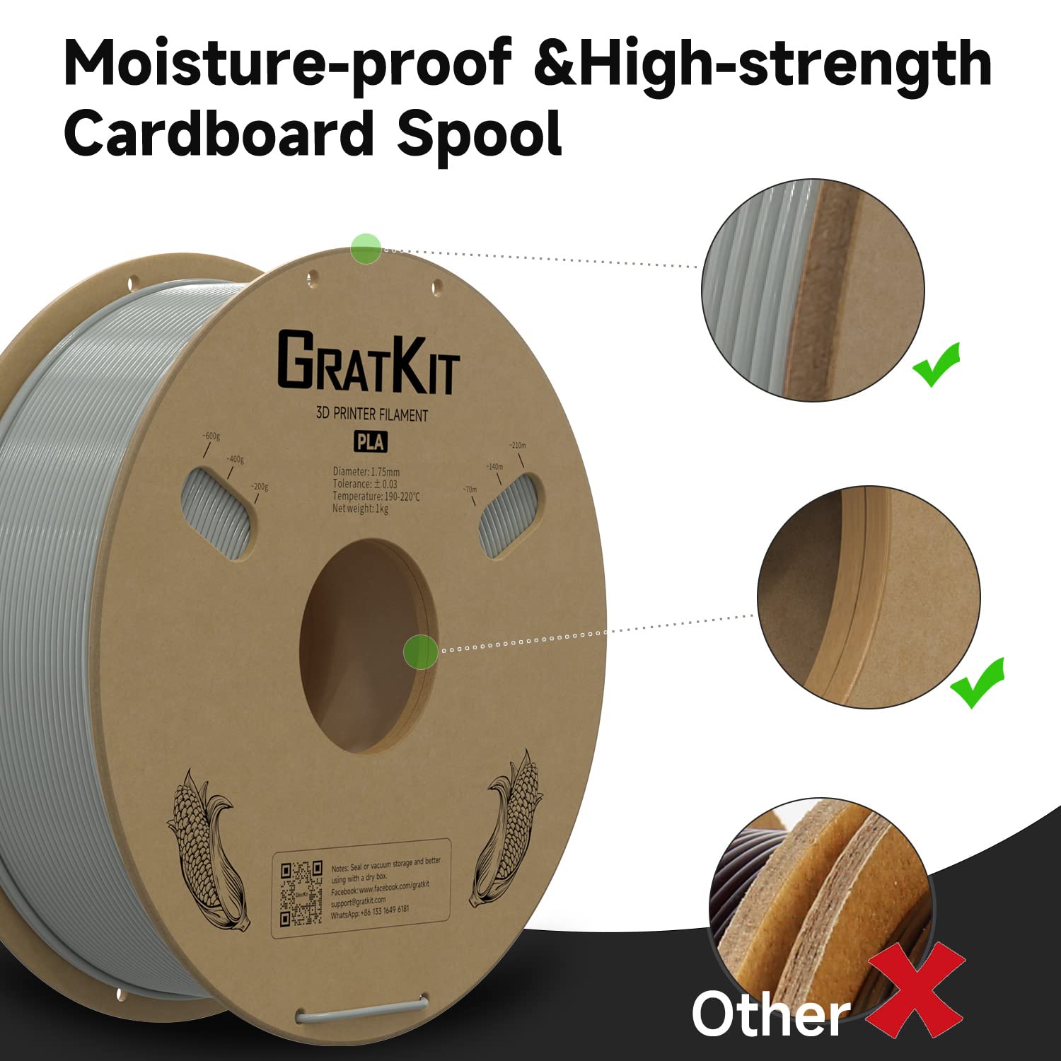 GratKit PLA 3D Printer Filament 1KG, PLA Filament 1.75mm,+/-0.03mm, 3D Printing Filament Grey