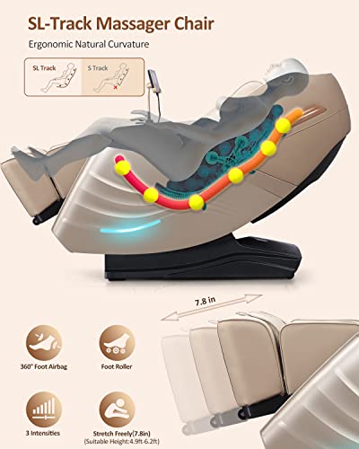 RELX Massage Chair Full Body Zero Gravity SL-Track Shiatsu Massage Chair, 12 Modes, Airbag Massage, with Yoga Stretch, Foot Massage, AI Control(Cream)