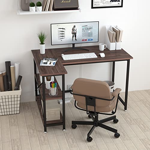 SunyesYo L Shaped Computer Desk 47 in - Small Office Home Gaming Desk with Storage Shelves - Study Writing Corner Table, Reversible Sturdy Workstation, Work PC Desk, Brown