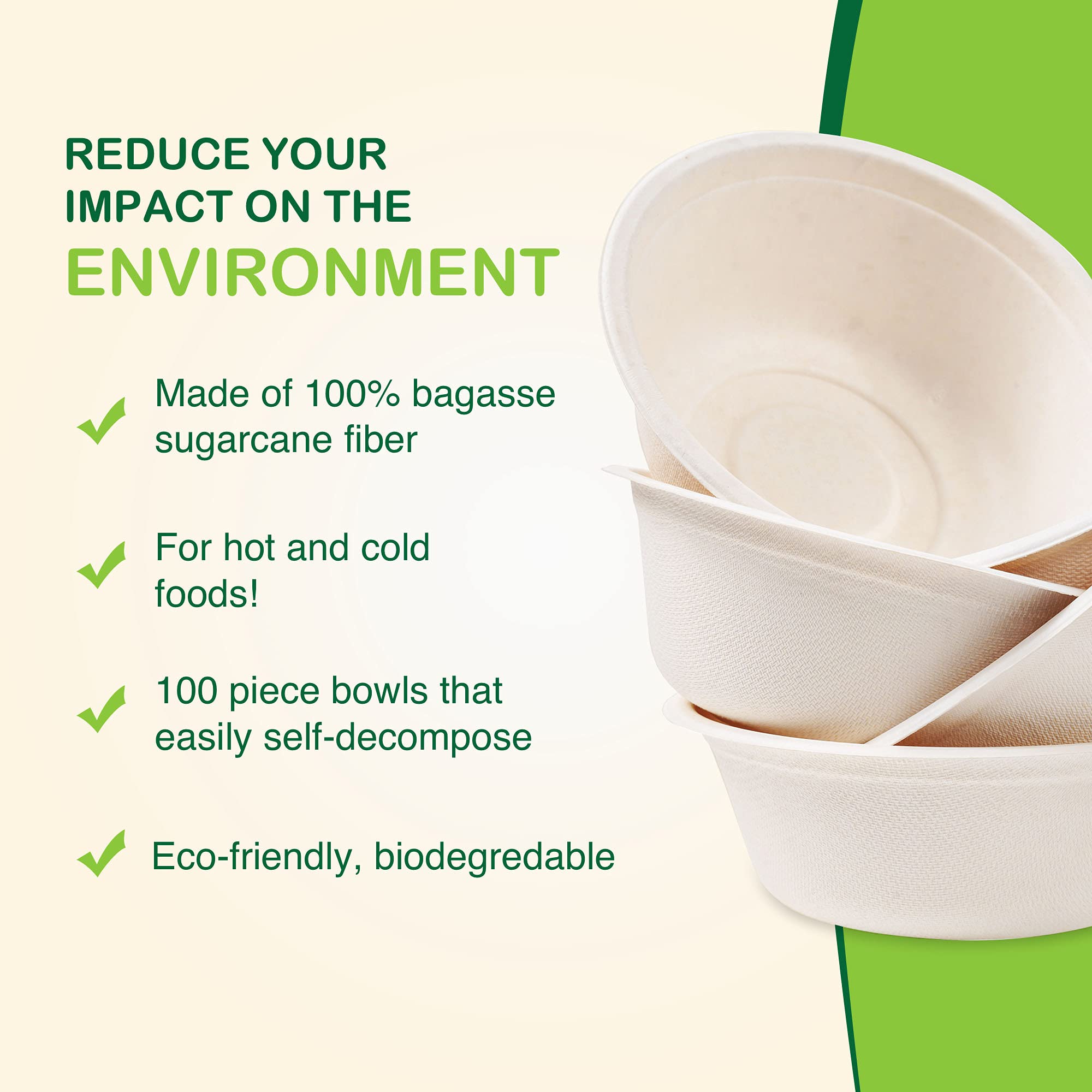 EcoFairy - 100-piece Compostable Bowls 16 oz - Disposable Bowls for Hot Soup - Biodegradable Bowls for Ice Cream, Salad, Cereals, Desserts & Snacks - Sugarcane Bagasse Microwave-safe Paper Bowls