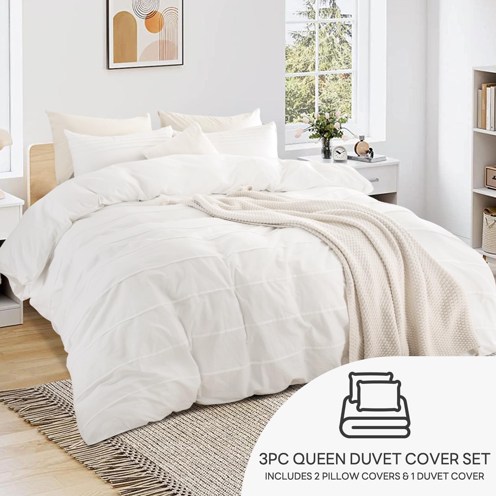 NEXHOME PRO 100% Organic Cotton Duvet Cover Queen Size, Linen Like Pleated Textured White Duvet Cover Set, 3pc Bedding Set with Zipper Closure, Soft, Lightweight and Breathable,90"x90", No Comforter