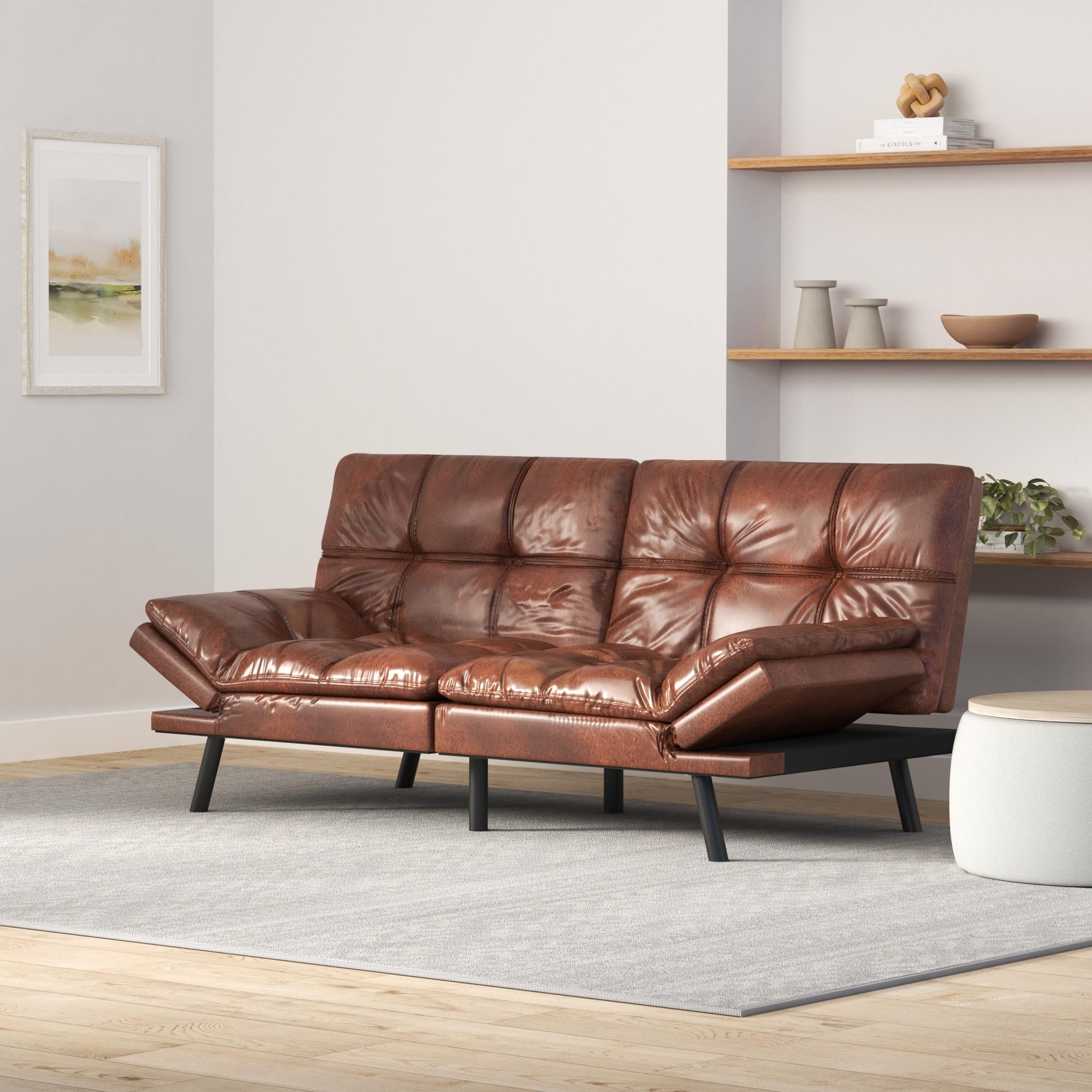 Maxspeed Sofa Bed, Convertible Memory Foam Sofa, Modern Loveseat Sleeper with Adjustable Armrests and Backrest, Faux Leather Futon for Living Room, Office, Small Space, Brown