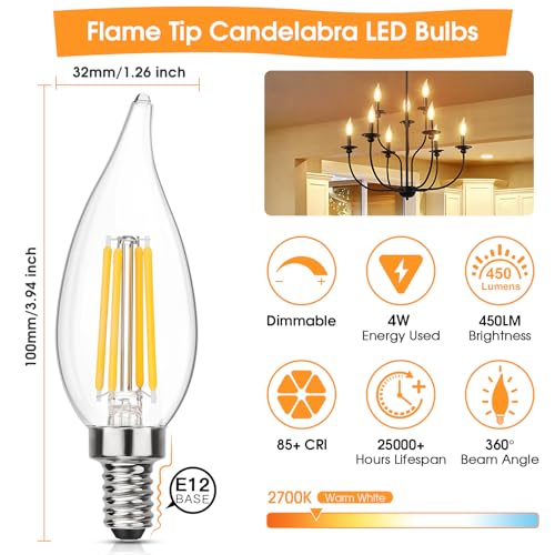 MAXvolador Dimmable E12 Candelabra LED Bulb 40 Watt Equivalent, Soft Warm White 2700K, Chandelier Light Bulb, 4W 450LM Flame Tip LED Filament Candle Base Bulbs, 12-Pack