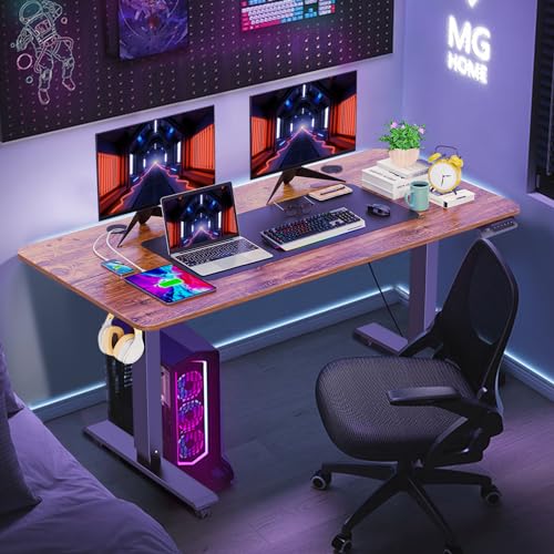 farexon Electric Standing Desk Adjustable Height, 48x 24 Inches Sit Stand Up Computer Desk with Double Metal Hook,4 Memory Preset Heights, 27''-45'' Lifting Range for Home/Office,Vintage Brown