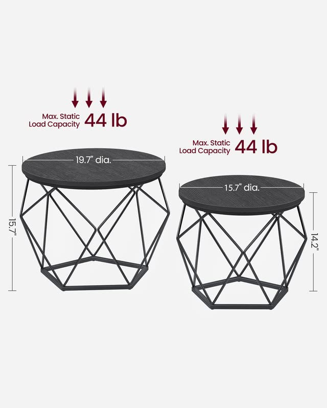 VASAGLE Small Coffee Table Set of 2, Round Coffee Table with Steel Frame, Side End Table for Living Room, Bedroom, Office, Black