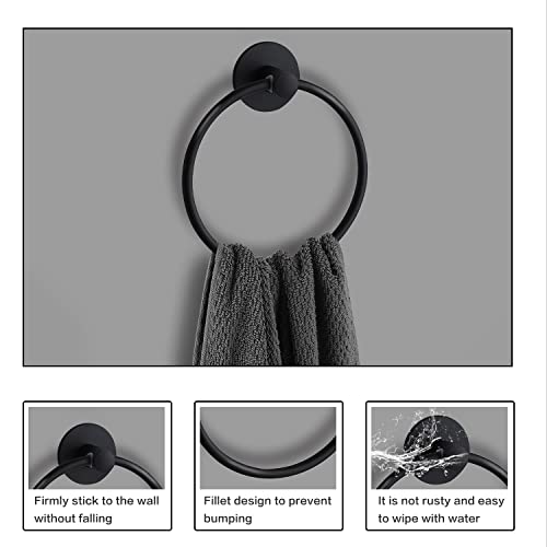 Towel Holder no Drill,Adhesive Towel Ring ,Stainless Steel Adhesive Hand Towel Hanger for Bathroom & Kithen Wall Mount, No Drilling Modern Hand Towel Hanger, Matte Black