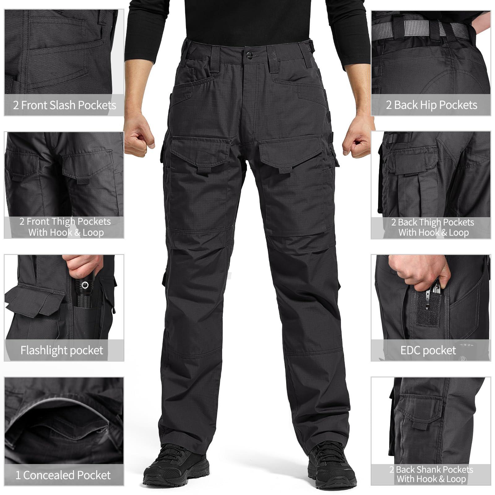 FREE SOLDIER Men's Cargo Pants,Tactical Pants for Men Stretch,Durable Ripstop EDC Work Pants for Hiking (Black 38Wx32L)
