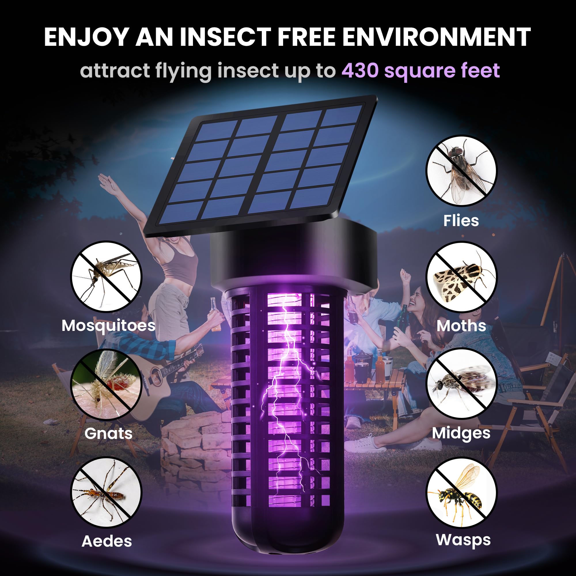 LiBa Solar Bug Zapper Outdoor, IP65 Waterproof Mosquito Insect Killer Lamp, 2-in-1 Cordless Fly Zapper Trap and Repellent, Mosquito Catcher Decor Light for Patio Garden Backyard, 1600V Powerful Grid