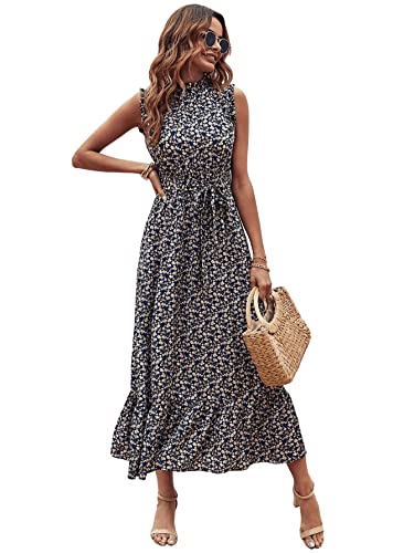SweatyRocks Women's Floral Sleeveless Ruffle Hem A Line Midi Dress Mock Neck Belted Dresses Blue White S