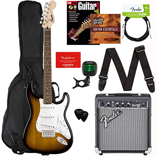 Fender Squier Stratocaster - Sunburst Bundle with Frontman 10G Amp, Gig Bag, Instrument Cable, Strap, Picks, Fender Play Online Lessons, Instructional Book, and Austin Bazaar Instructional DVD