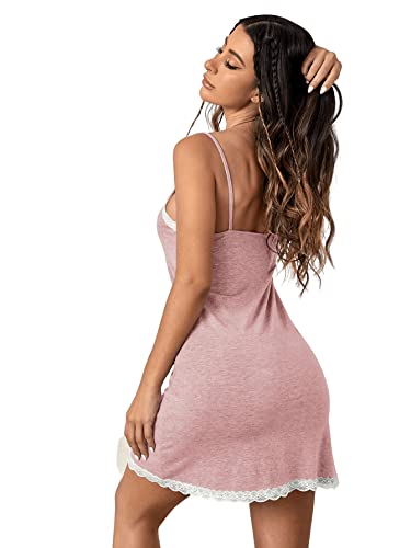 SweatyRocks Women's Sleeveless Lace Trim Nightgown Spaghetti Strap Cami Night Dress Sleepwear Dusty Pink XL