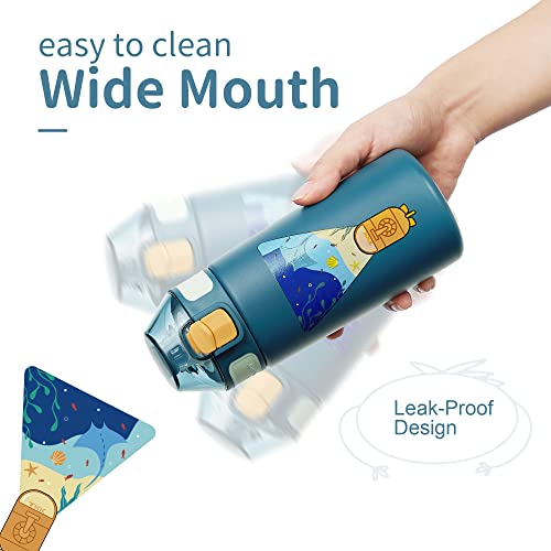 Kids Water Bottle 16 oz Stainless Steel 18/10 Vacuum Insulated Water Bottle Wide Mouth Flask with Leak proof Straw Lid for School Blue
