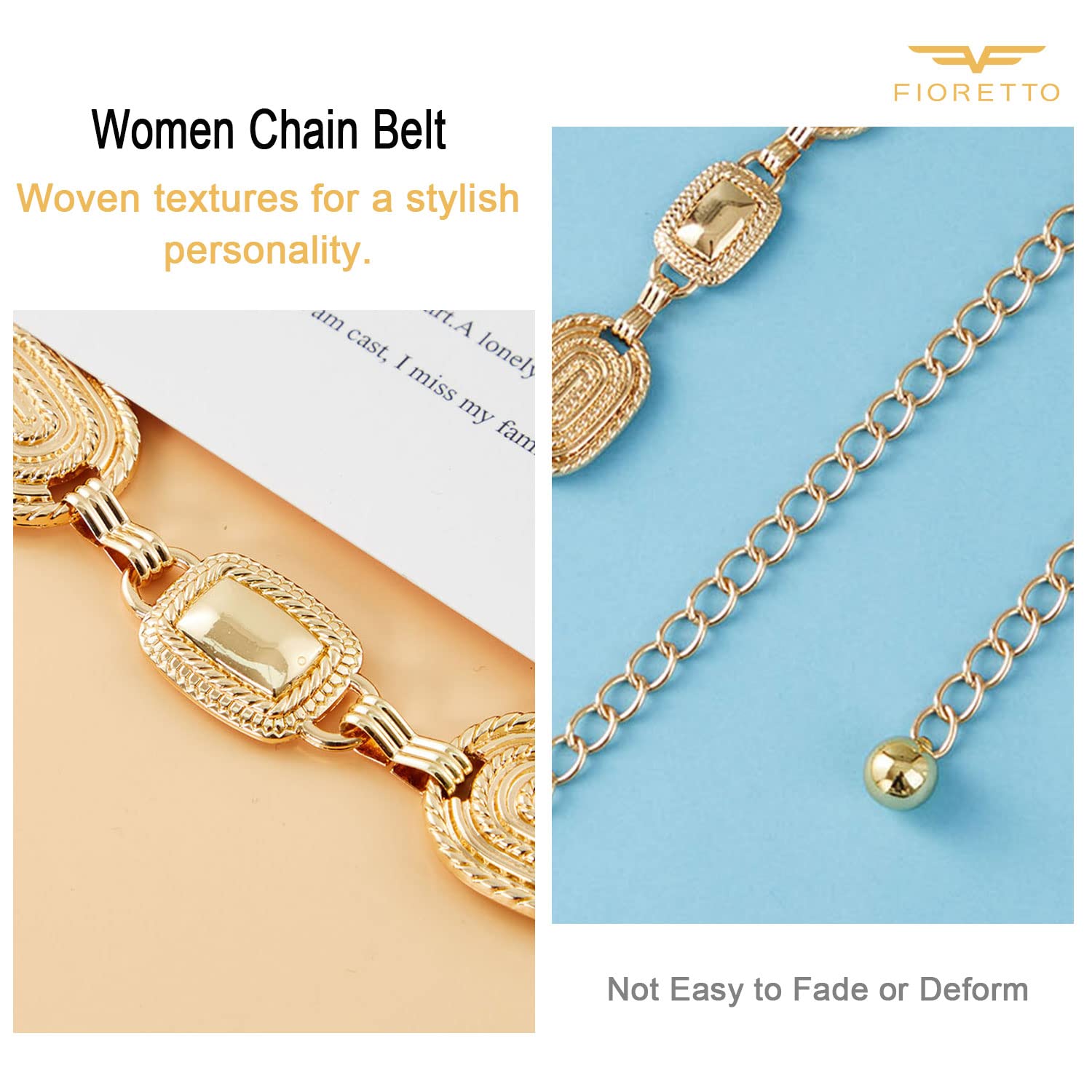 FIORETTO Concho Chain Belt for Women Oval Square Metal Waist Chain Western Belts for Dress Gold