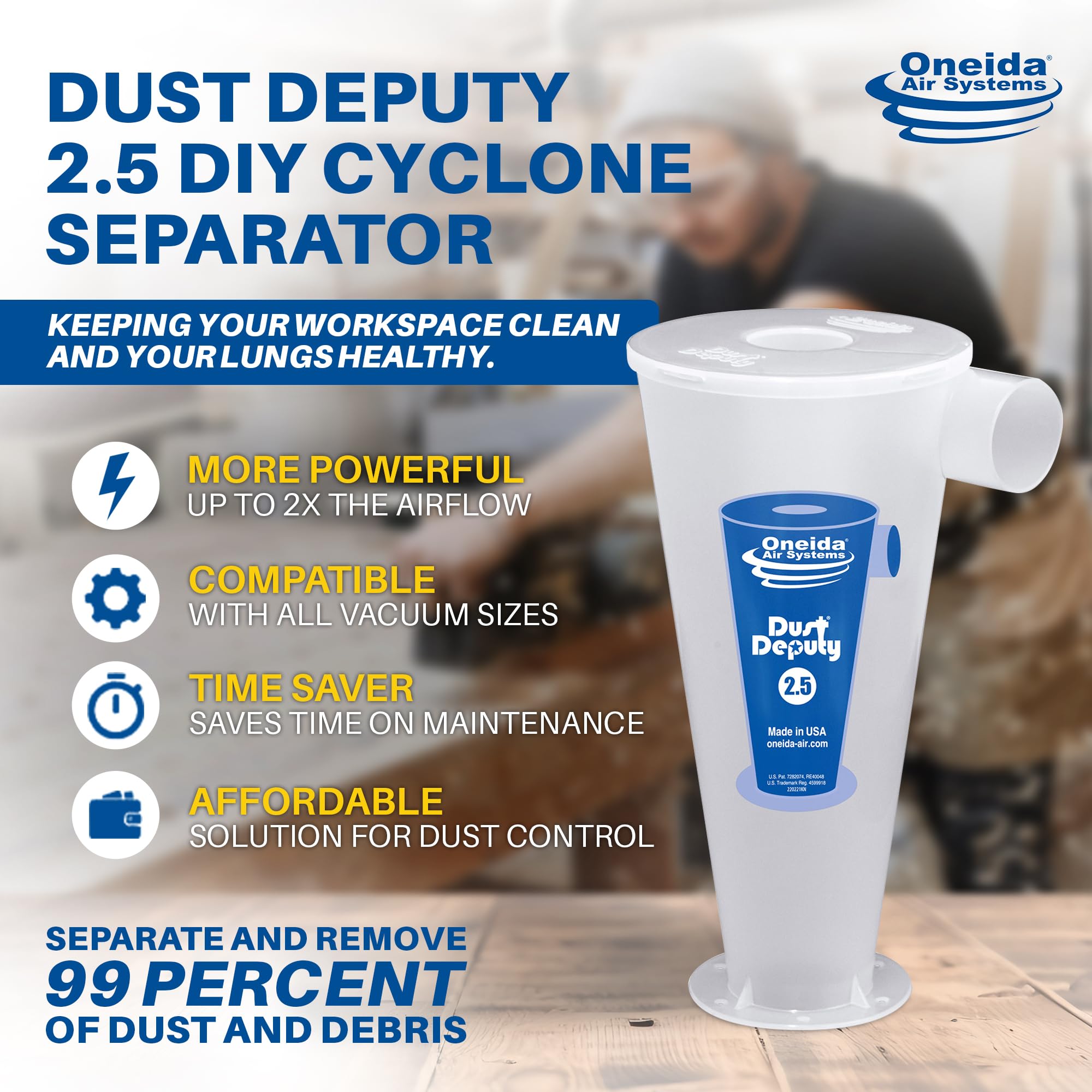 Oneida Air Systems Dust Deputy 2.5 DIY Cyclone Separator XL: Highest CFM Collector for Wet/Dry Shop Vacuums (DD 2.5 DIY)