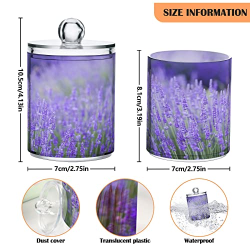Kigai 2 Pack Purple Lavenders Qtip Holder Dispenser for Cotton Ball, Cotton Swab, Cotton Round Pads, Floss -Clear Plastic Apothecary Jar Set for Bathroom Canister Storage Organization