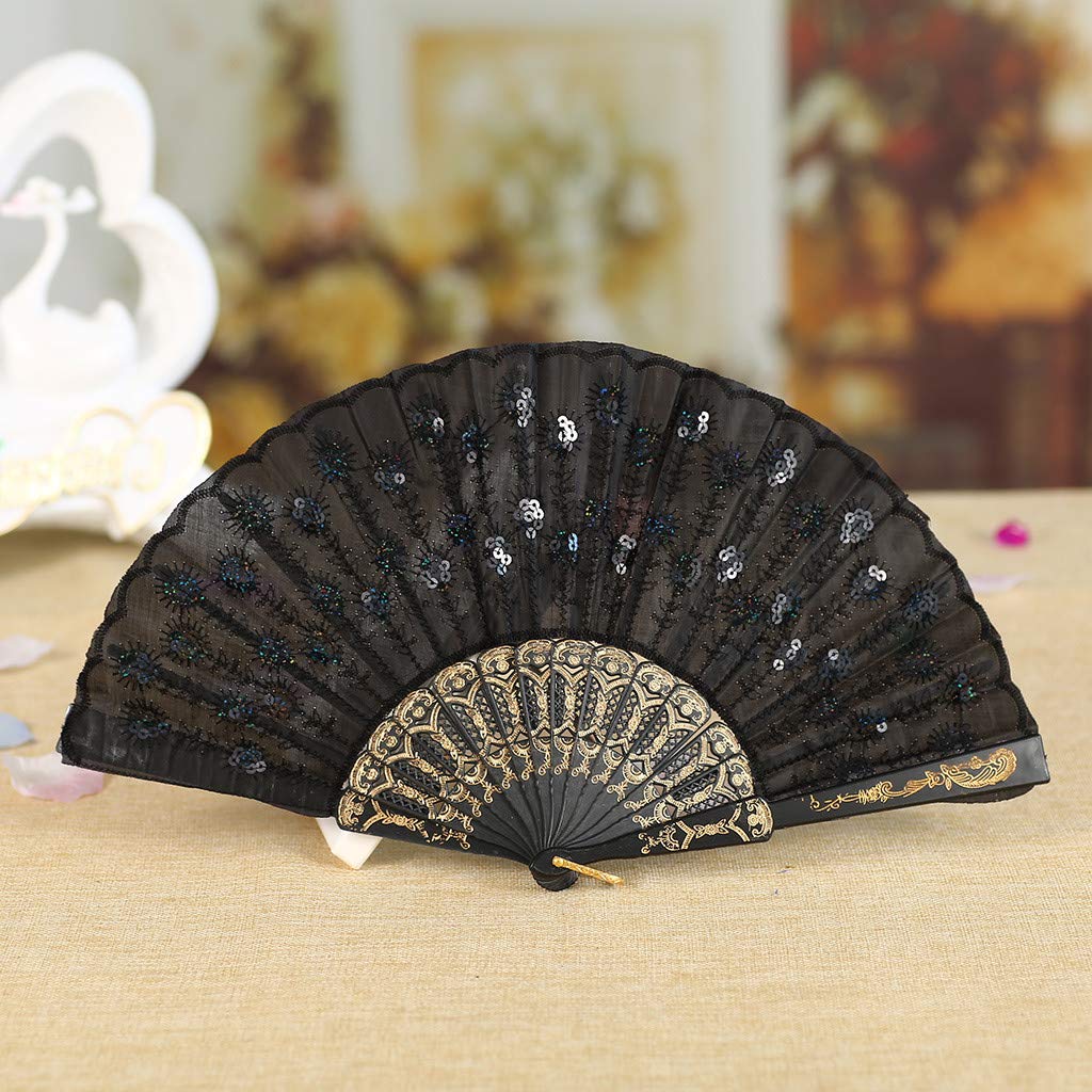 Folding Flower Hand Chinese Dance Wedding Silk Fan Style Lace Party Held Fans 6 Clip Fan Oscillating (Black-`, One Size)