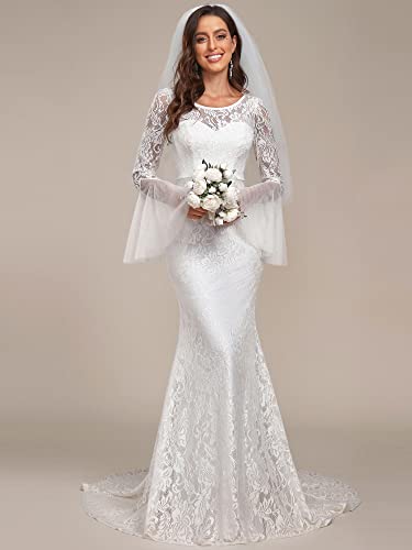 Ever-Pretty Women Custom Curve Charming Open Back Tulle Floor Length Bridal Dress with Long Lace Trian White US30