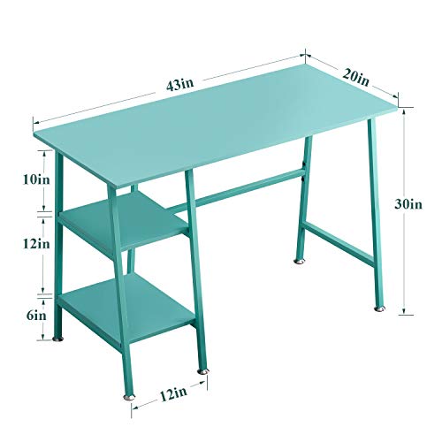 VECELO 43 Inch Computer Writing Home Office with 2 Tier Storage Shelves,Adjustable Feet/Waterproof,Simple Workstation, Blue Desk, 43"