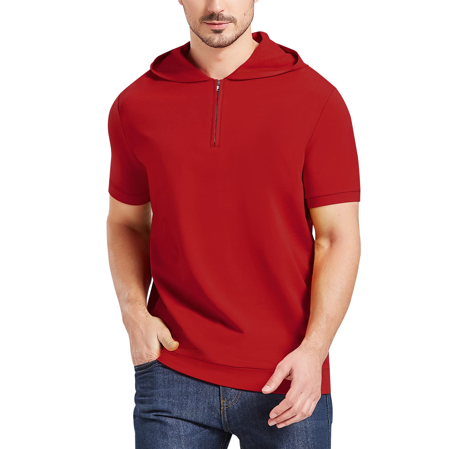 Gnvviwl Men's Fashion Athletic Hoodies Short Sleeve Quarter-Zip Pullover Casual Hooded T-Shirts Red