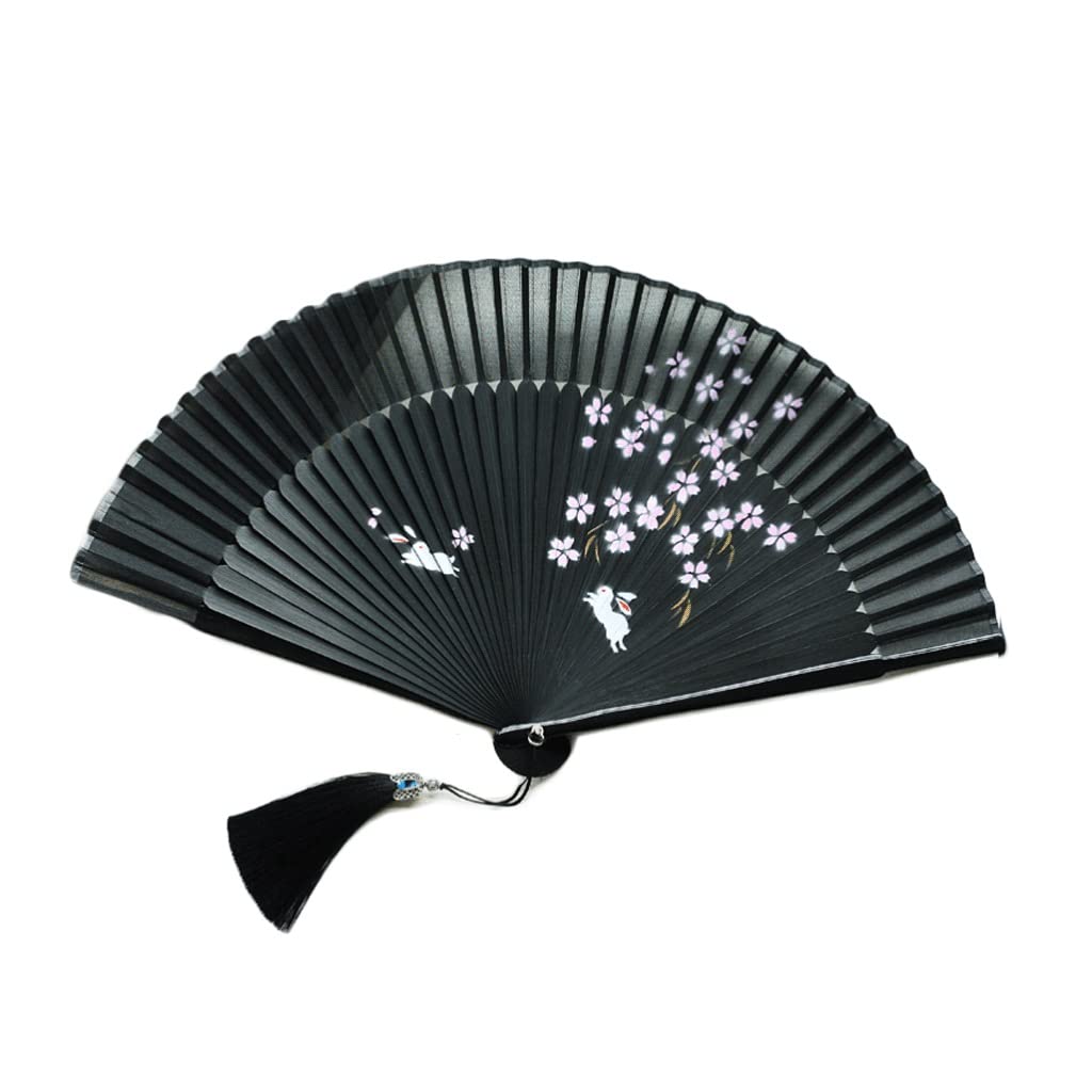 Folding Hand Held Fan for Women Sakura Chinese/Japanese Vintage Retro Style Portable Bamboo Silk Folding Fan Black Fans Gift (Color : Black E)