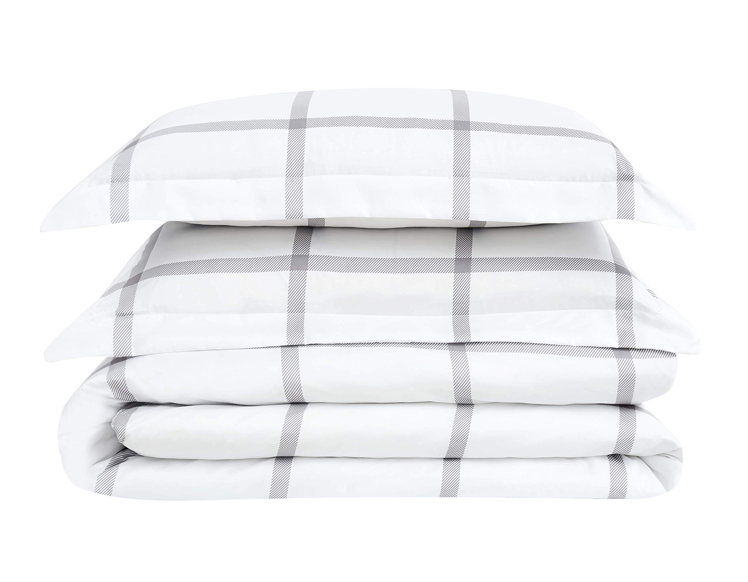 Truly Soft Everyday King 3-Piece Microfiber Duvet Cover + Sham Set - Printed Windowpane Collection - White/Grey