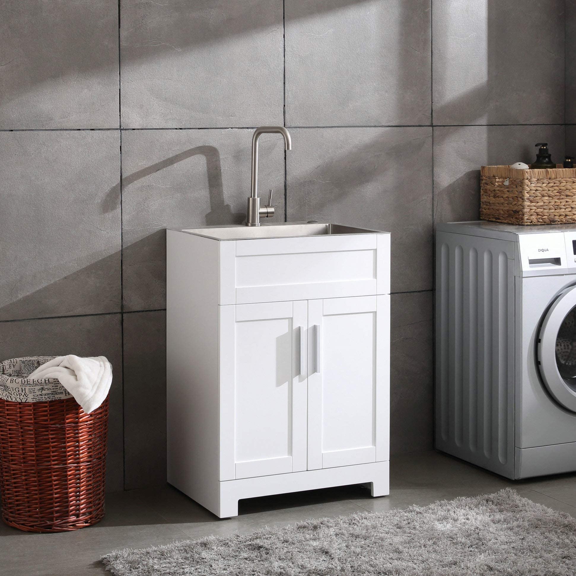 Homecart 24" White Laundry Utility Cabinet w/Stainless Steel Sink and Faucet Combo