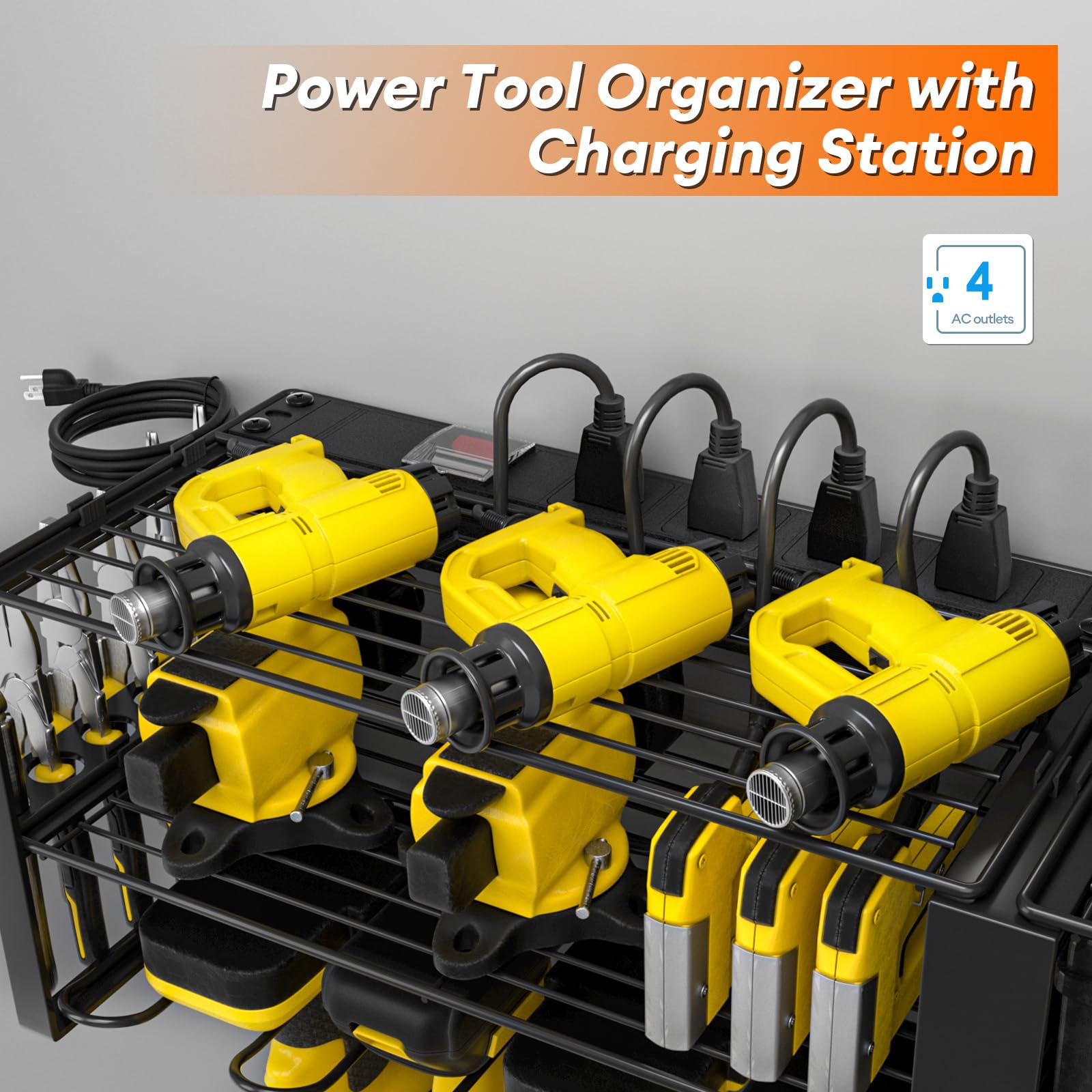 Nidouillet Power Tool Organizer Wall Mount with Charging Station, 2024 Upgraded Drill Holder Wall Mout with 8 Drill Holder, Heavy Duty Tool Holder with 4 Power Stips